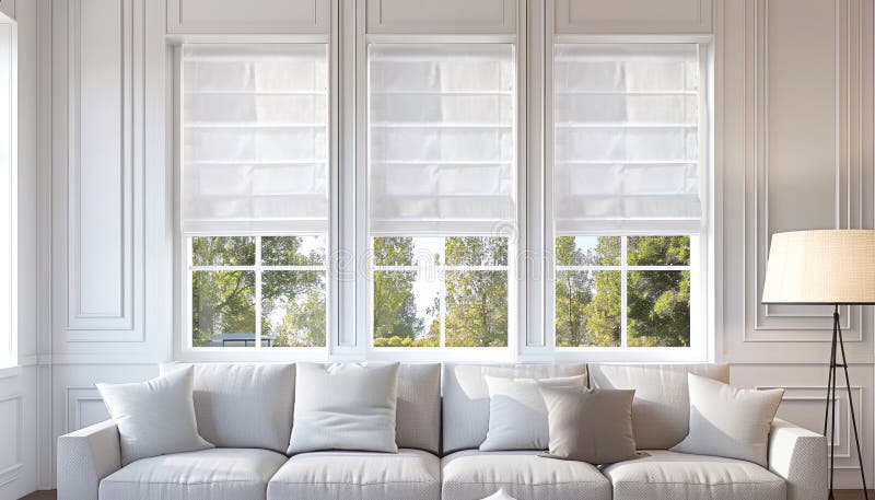 White Roman Blinds on the Windows in the Living Room. Stock ...