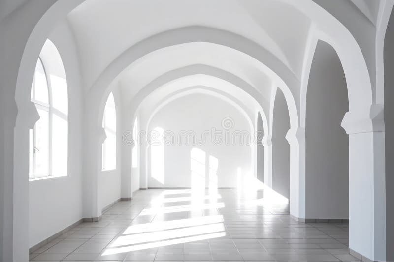 Long White Room with Arches, Sunlight, Windows, and Shadows. Stock ...