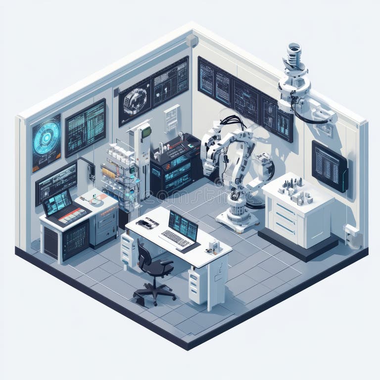 A White Room with a Desk and a Robot Stock Illustration - Illustration ...