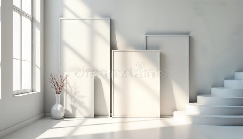 White Room with Different Size Empty Picture Frames on Wall. Sunlight ...