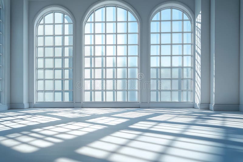 White Room with Large Arched Windows. Sunlight Streams in, Casting ...