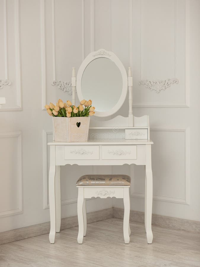 White Room with Mirror, Table and Chair. Stock Photo - Image of home ...