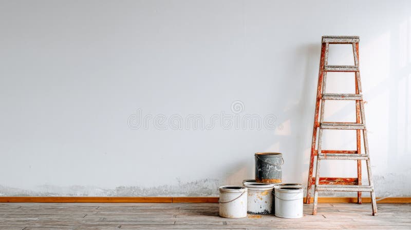 White Room Renovation Scene with Ladder and Paint Stock Photo - Image ...
