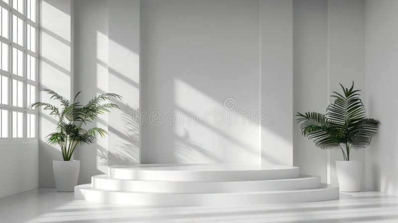 A White Room with a White Stage and Two Potted Plants Stock ...