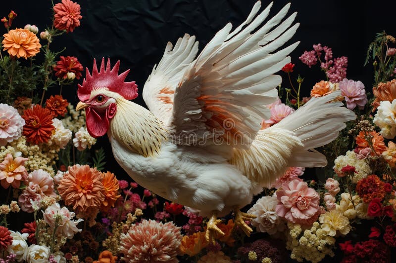 A White Rooster Standing on Top of a Bunch of Flowers Stock Photo ...