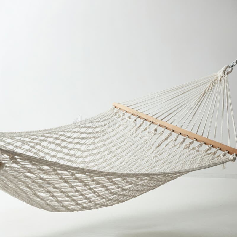 A White Rope Hammock is Suspended, Featuring a Classic Interwoven Net ...