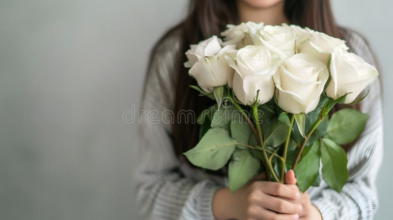 White Rose Bouquet in the Hands of a Beautiful Girl Stock Illustration ...