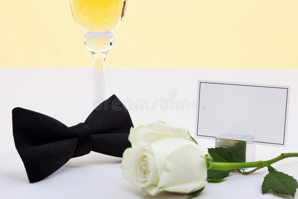 White Rose, Bow Tie and Blank Place Card. Stock Image - Image of ...