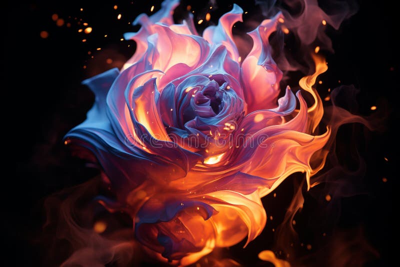 A White Rose Burning with Fire on Black Background Stock Illustration ...