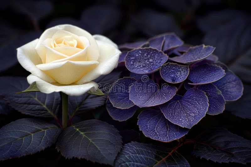 White Rose and Deep Purple Hydrangea in Dramatic Chiaroscuro Lighting ...