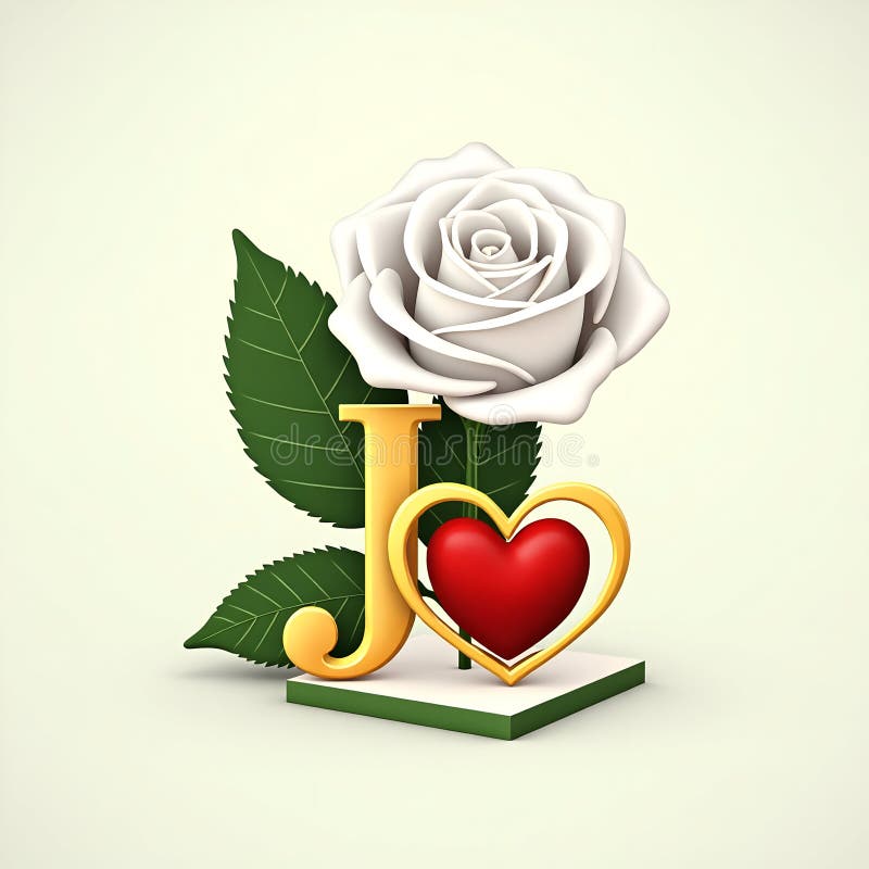 White Rose with Gold Letter J and Heart on Square Base Stock ...