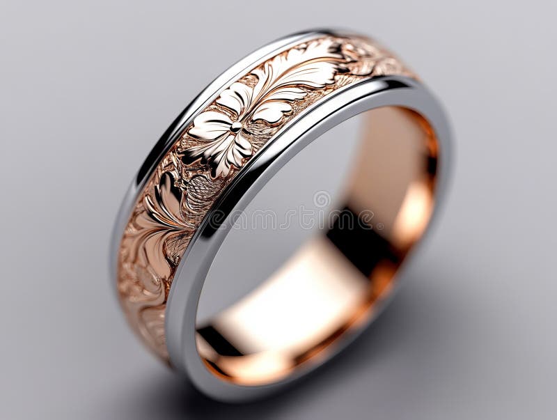 A White and Rose Gold Wedding Ring with a Floral Design Stock Photo ...