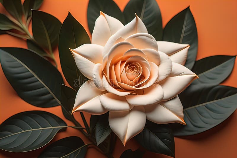 White Rose with Green Leaves on a Solid Color Background, Top View. Ai ...