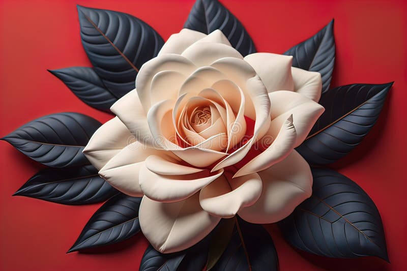 White Rose with Green Leaves on a Solid Color Background, Top View. Ai ...