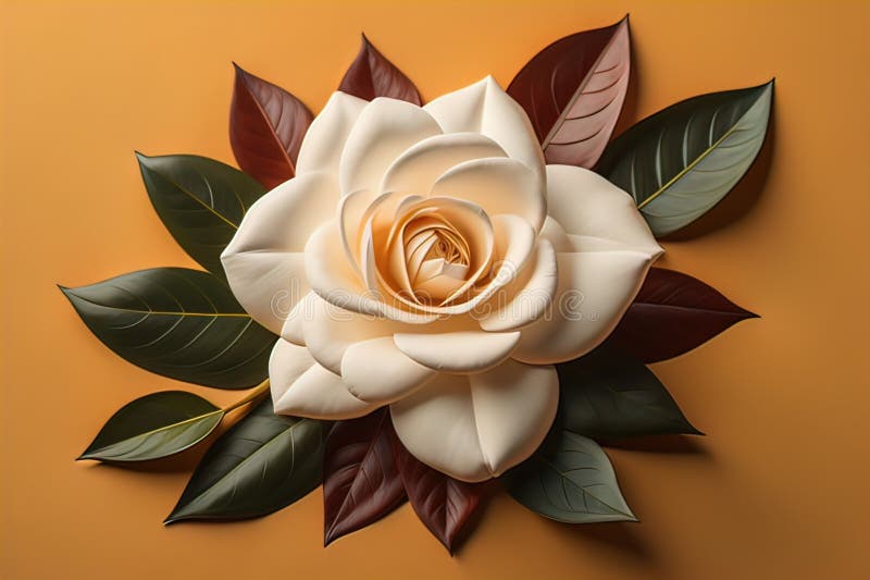 White Rose with Green Leaves on a Solid Color Background, Top View. Ai ...