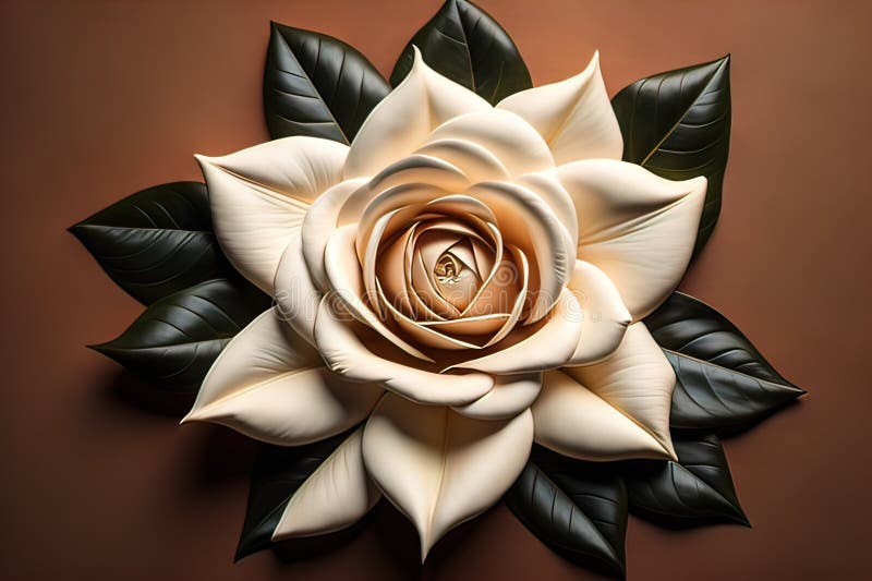 White Rose with Green Leaves on a Solid Color Background, Top View. Ai ...