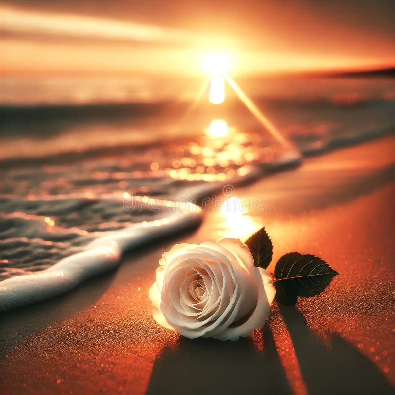 White Rose Lying on the Beach at Sunset Stock Illustration ...