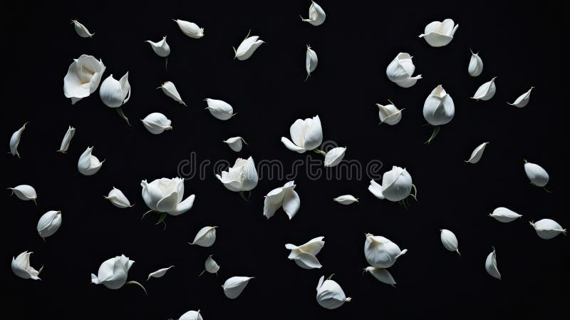 White Rose Petals Isolated on Black Background. White Petals Falling on ...
