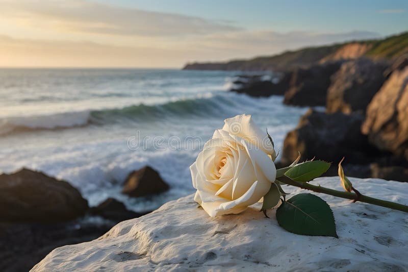 A White Rose on a Rock with Ocean Background Stock Illustration ...