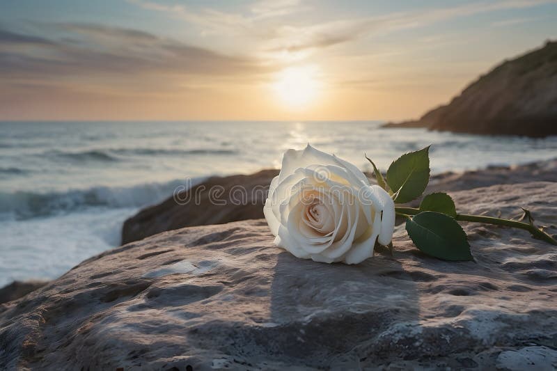 A White Rose on a Rock with Ocean Background Stock Illustration ...