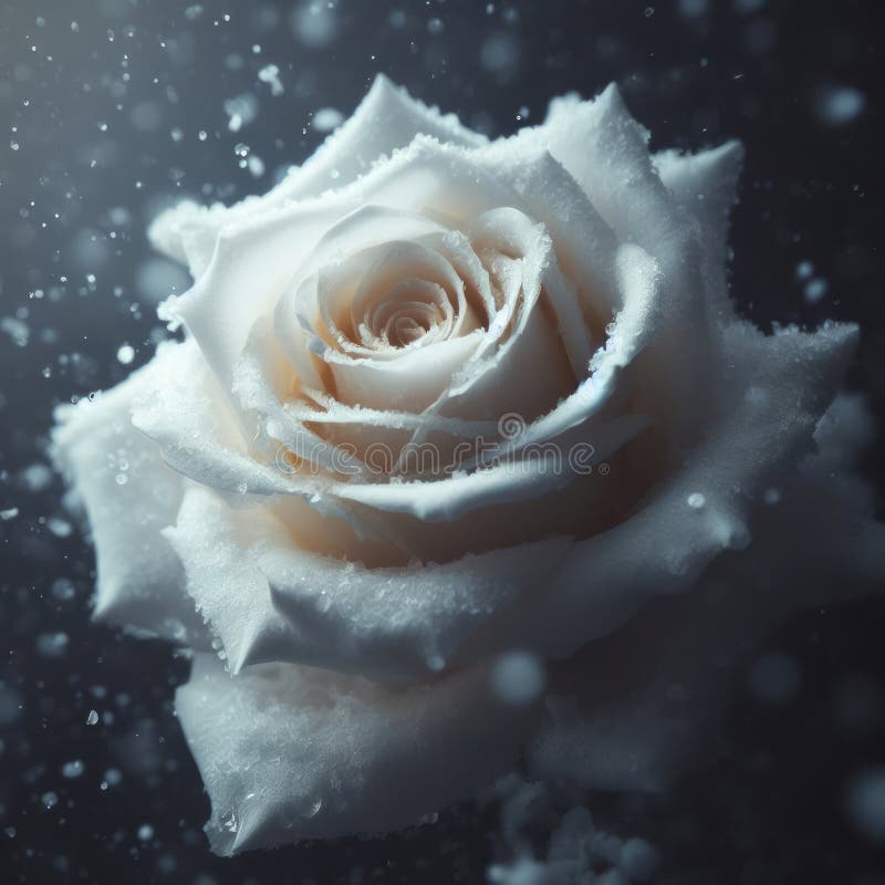 White Rose in the Snow Fall Close Up. Ai Generative Stock Illustration ...