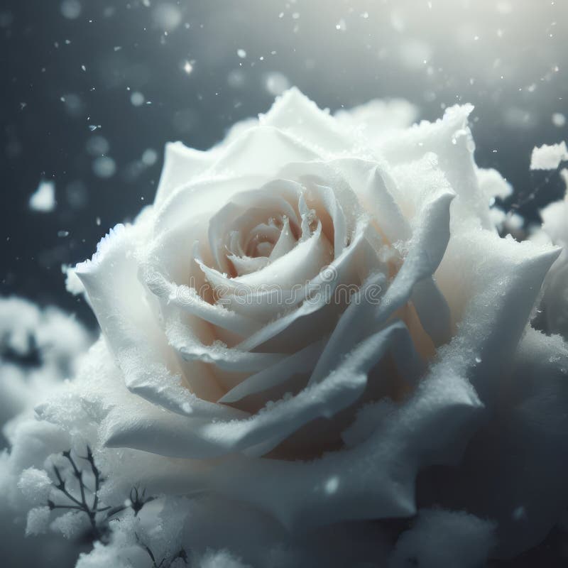 White Rose in the Snow Fall Close Up. Ai Generative Stock Illustration ...