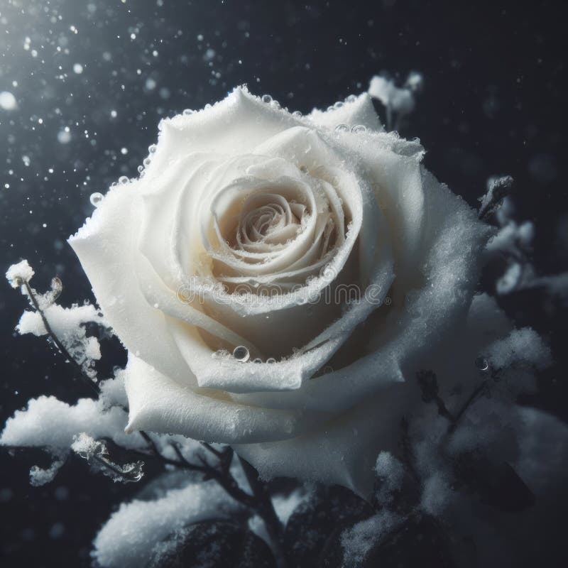 White Rose in the Snow Fall Close Up. Ai Generative Stock Illustration ...