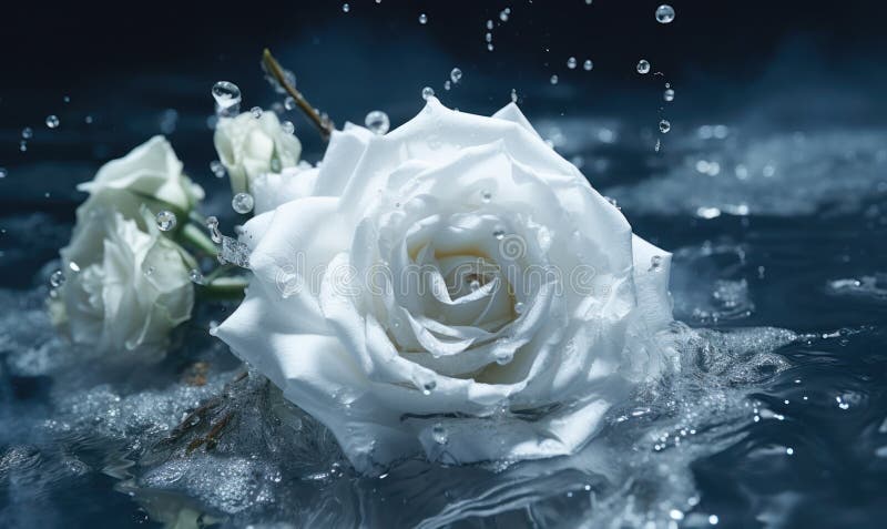 White Rose with Water Drops on Dark Background. Water Splash with Water ...