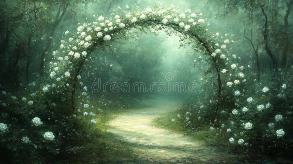 White Roses Archway Enchanting Forest Path Stock Illustration ...