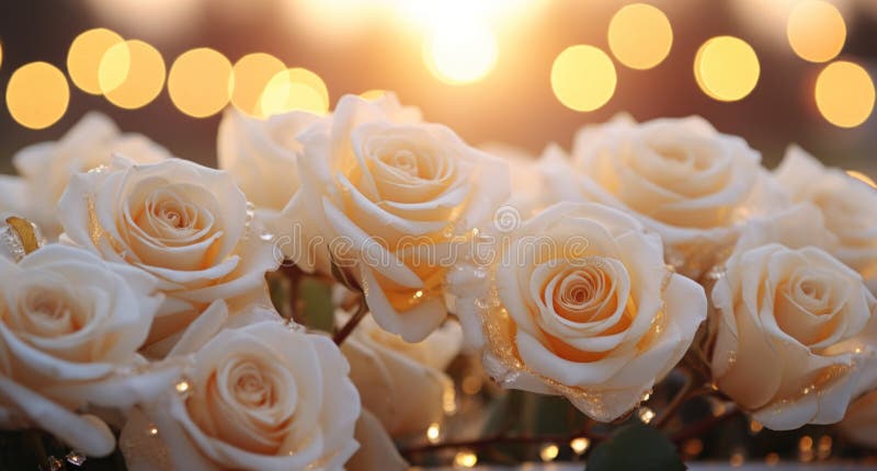 White Roses Arranged in Rows with a Background with Lights Stock Photo ...