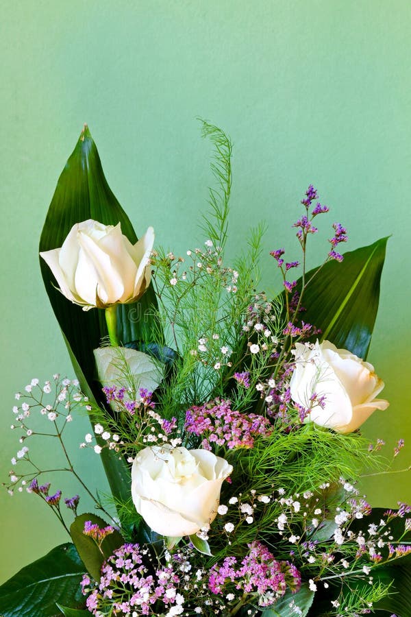 Bouquet of Flowers, Multi-colored Roses with Green Leaves Stock Image ...