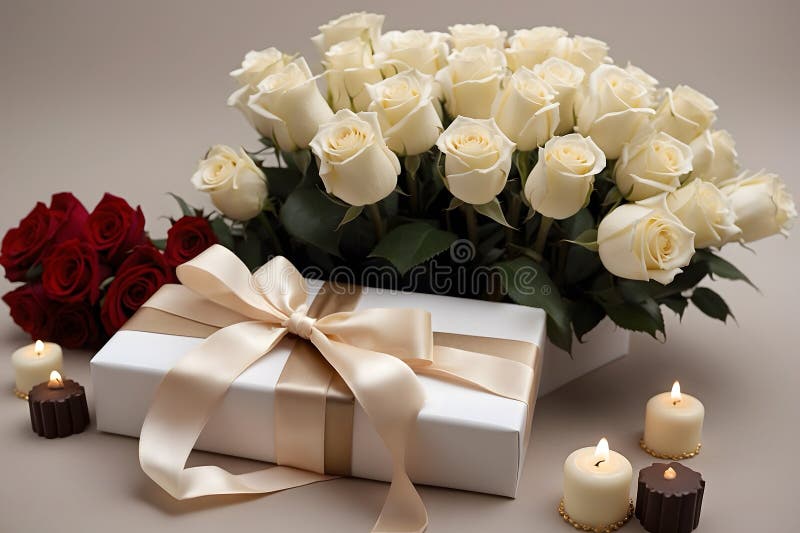 A White Roses Bouquet with Valentines Chocolate Stock Image - Image of ...