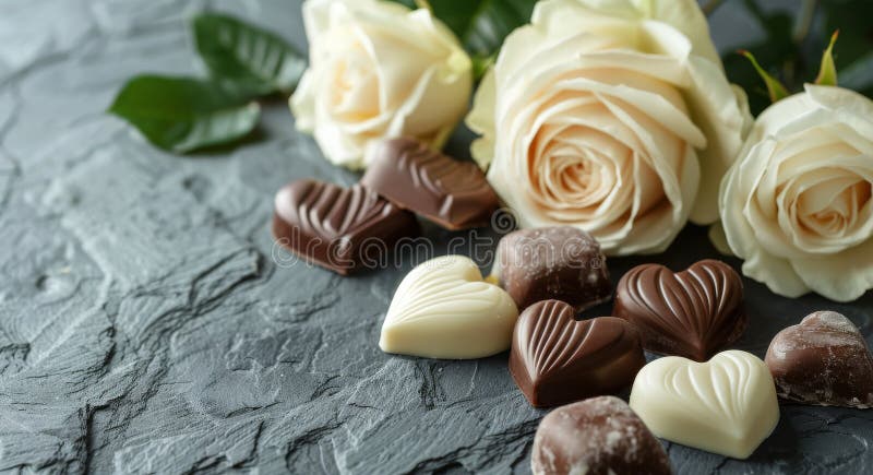 White Roses and Chocolate Hearts on a Grey Background Stock Image ...