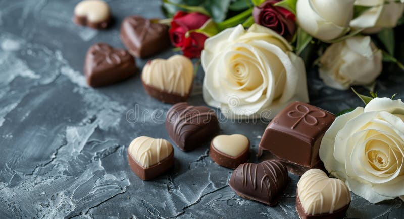White Roses and Chocolate Hearts on a Grey Background Stock Photo ...