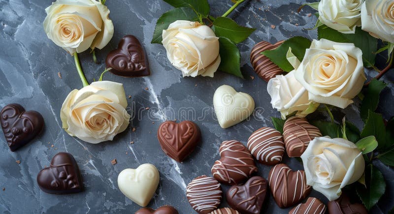 White Roses and Chocolate Hearts on a Grey Background Stock Photo ...