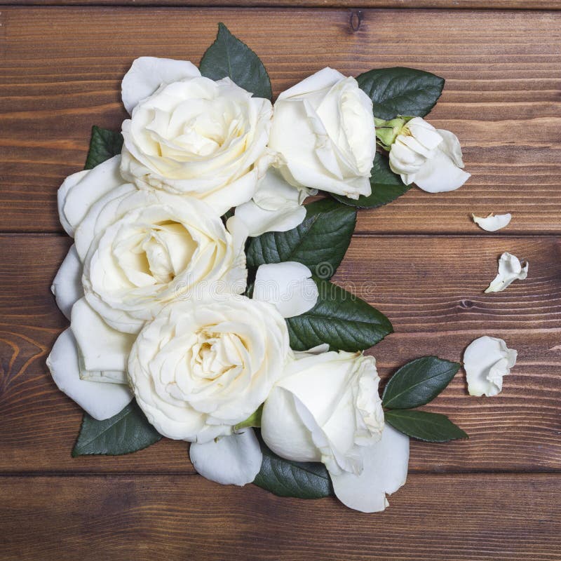 White Roses Decor on Wooden Background Stock Image - Image of leaf ...