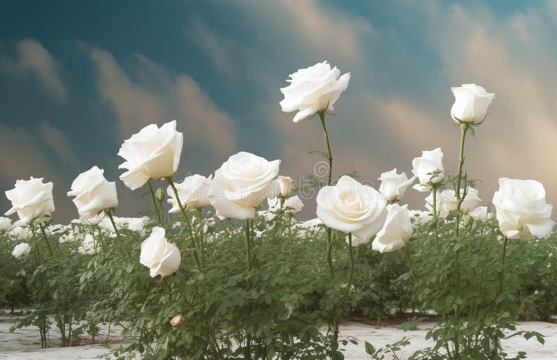 White Roses in a Field with Blue Sky Stock Illustration - Illustration ...