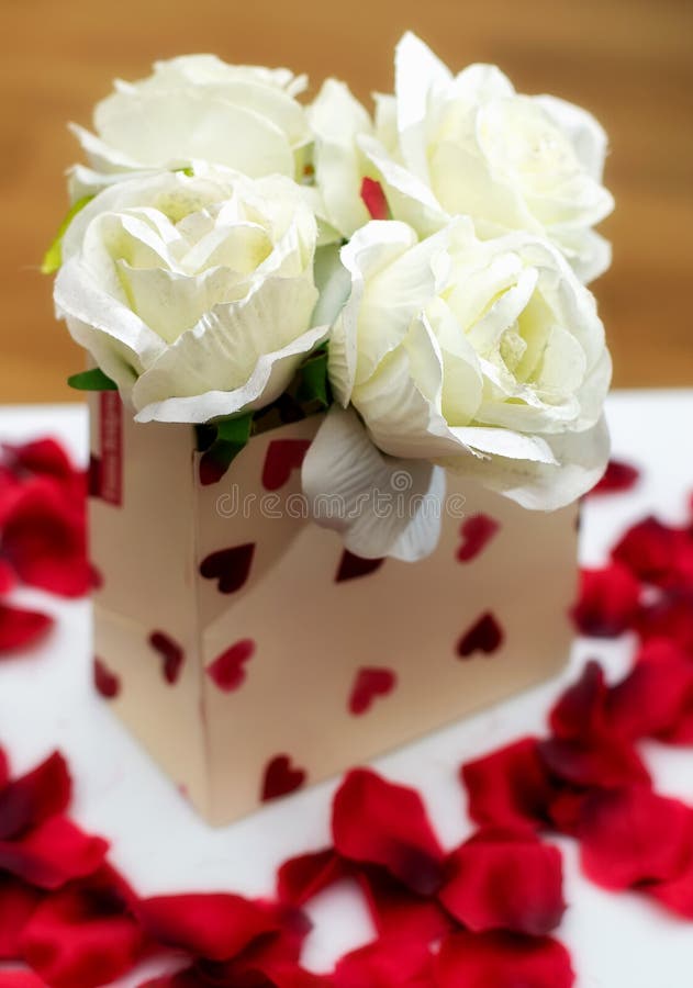 Gift of White Roses with Red Petals Around it Stock Photo - Image of ...
