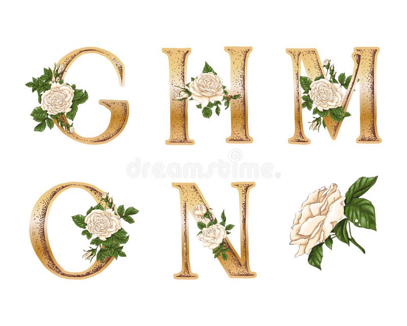White Roses Gold Letters. Hand Draw. Vector Alphabet Stock Illustration ...