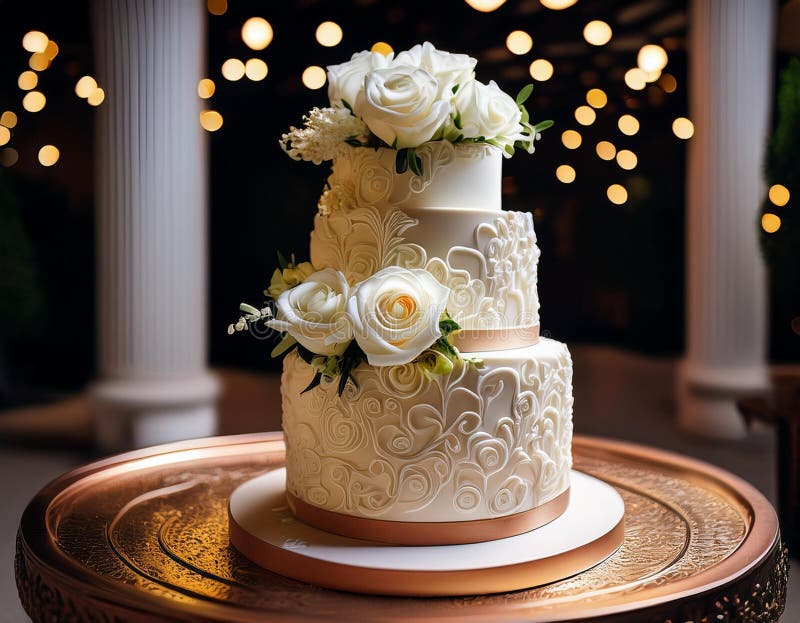 White Roses Grace a Stunning Wedding Cake Stock Illustration ...