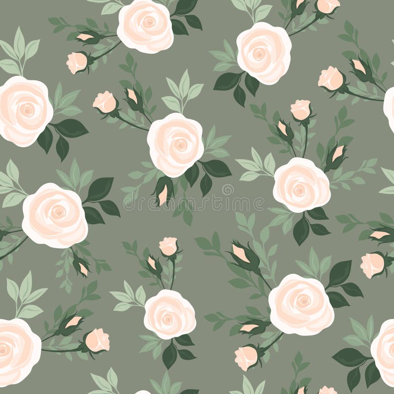 White Roses on a Green Background, Seamless Pattern. Pattern with Roses ...