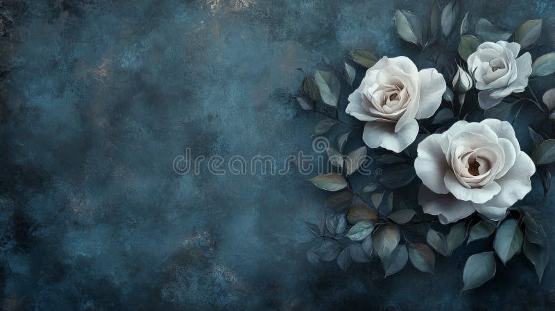 White Roses and Greenery on a Blue Background Stock Illustration ...