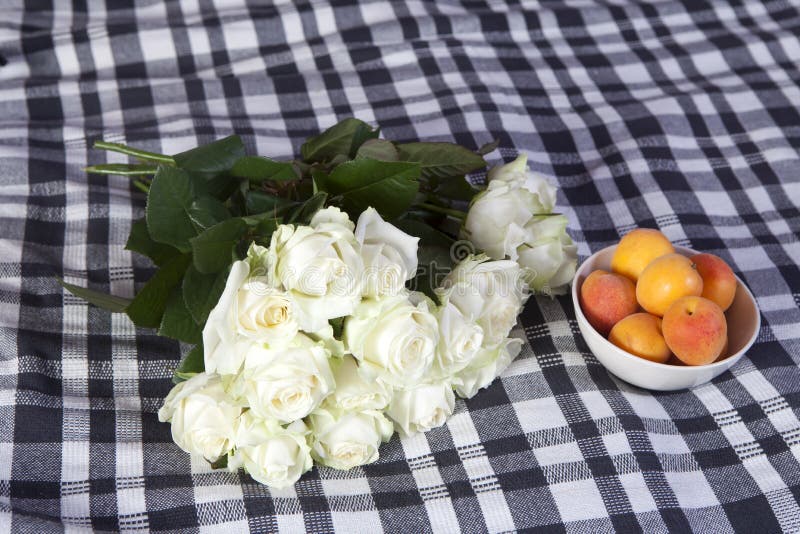 The White Roses Lie on a Checkered Plaid in a Black and White Stock ...