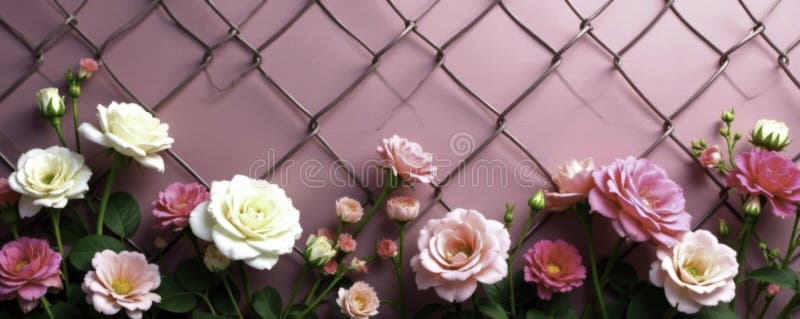 White Roses and Pink Carnations on a Chain Link Fence, Pink, Chain Link ...