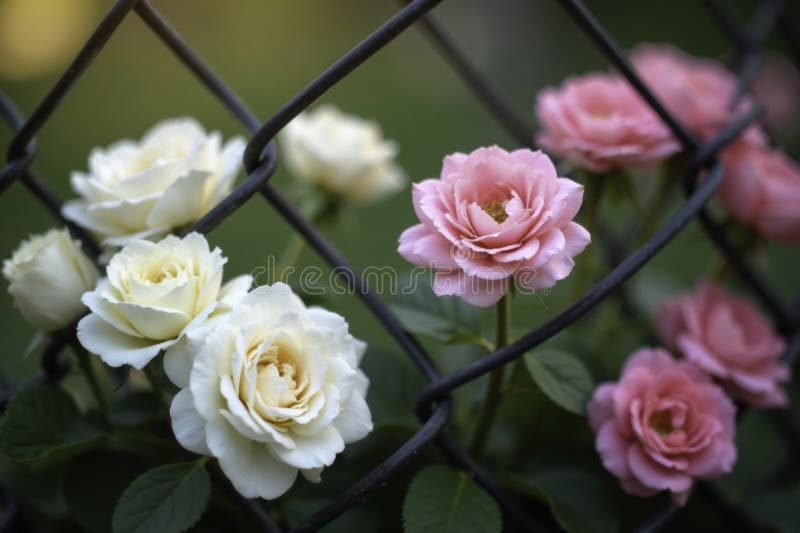 White Roses and Pink Carnations on a Chain Link Fence, Bloom ...