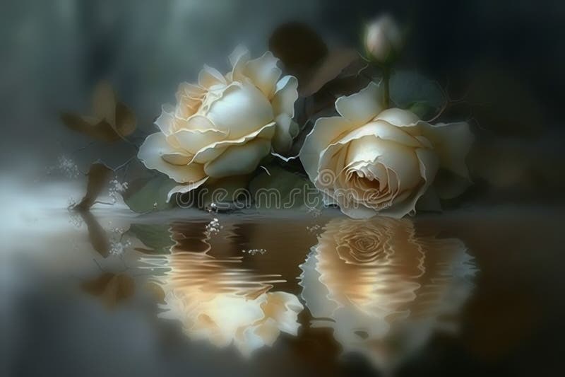 White Roses, Reflection in Water, Generative Ai Stock Illustration ...