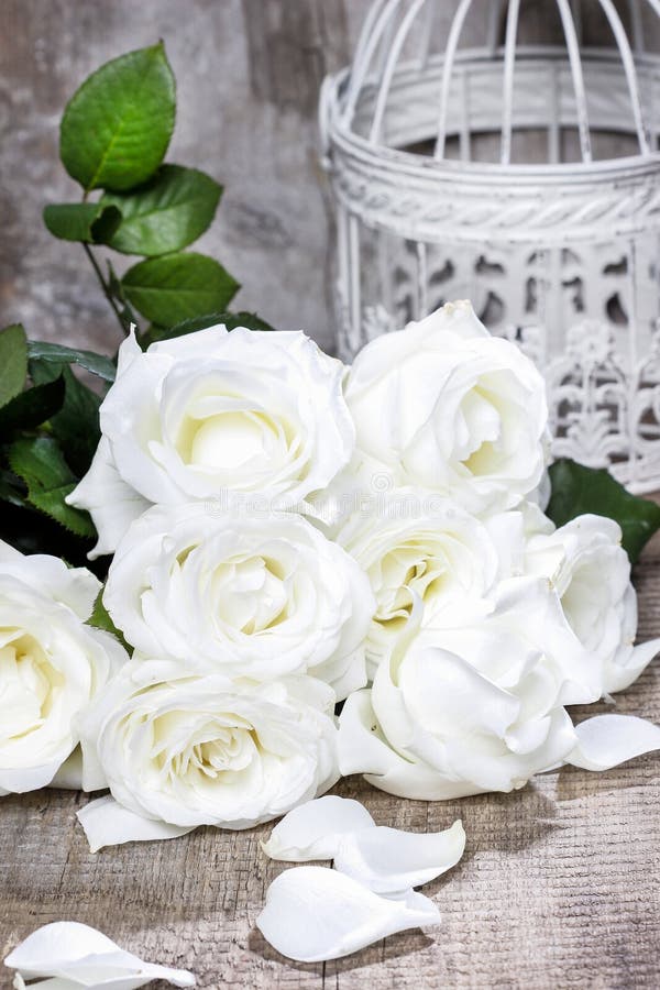 White Roses on Rustic Wooden Table Stock Image - Image of color ...