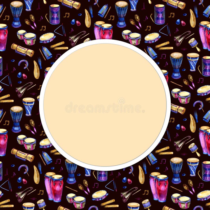 Percussion Instruments. Circle Filled with Hand Drawn Doodles of Ethnic ...