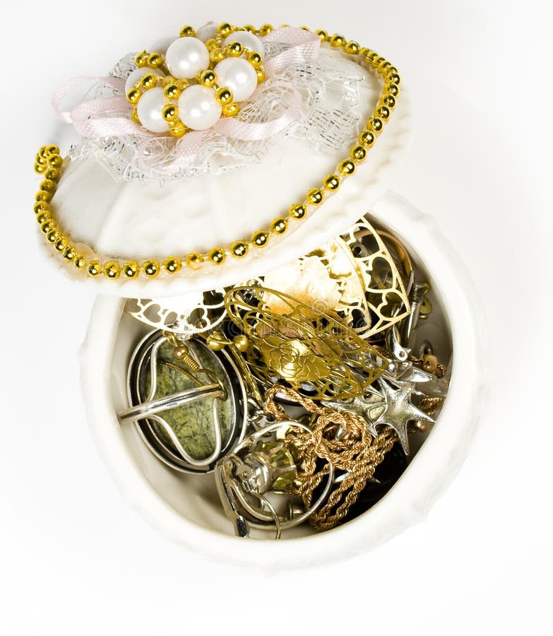 White Round Box with Costume Jewellery and Ornamen Stock Photo - Image ...