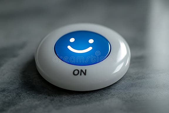 A White Round Button with a Blue Smiley Face and an on Indicator Sits ...